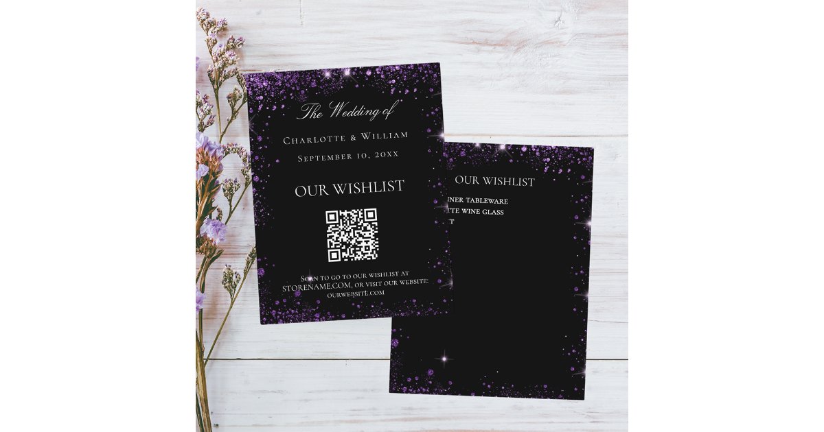 Black purple glitter wedding wishlist QR code Enclosure Card | Zazzle