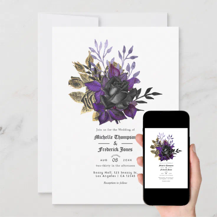 Black Purple Gold Floral Gothic Wedding QR Code Invitation | Zazzle