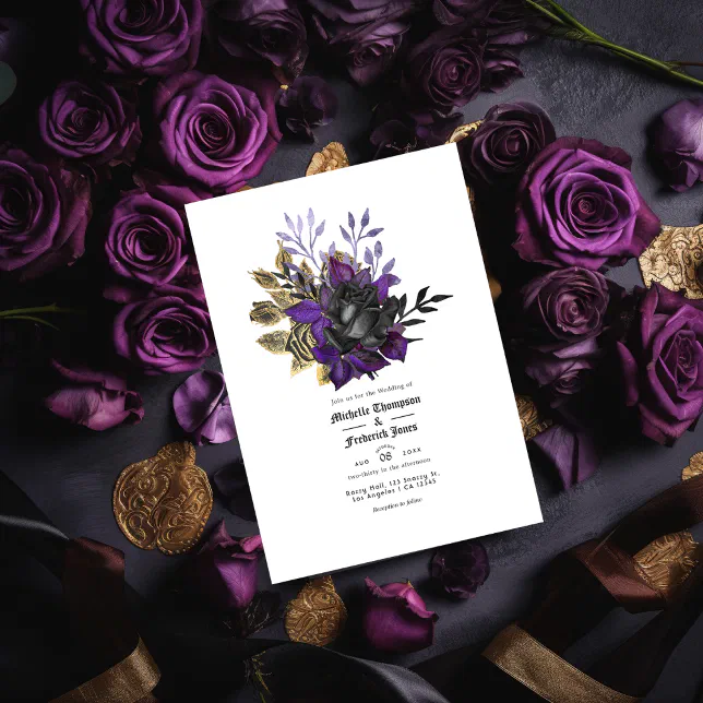 Black Purple Gold Floral Gothic Wedding QR Code Invitation | Zazzle