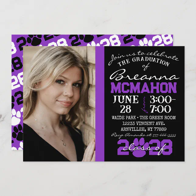 Black & Purple Paw Graduation Photo Invitation | Zazzle