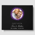 Black purple photo sparkles elegant wedding guest book | Zazzle