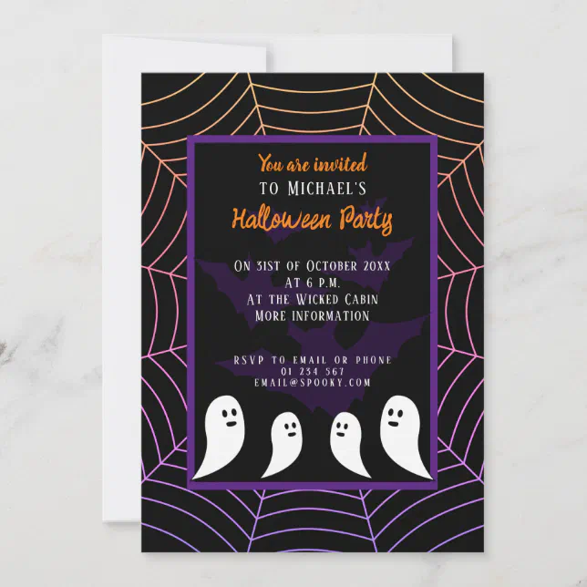 Black purple spider web Halloween ghost Invitation | Zazzle