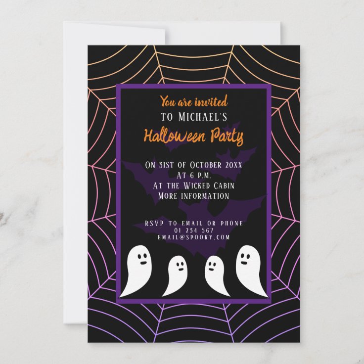 Black purple spider web Halloween ghost Invitation | Zazzle