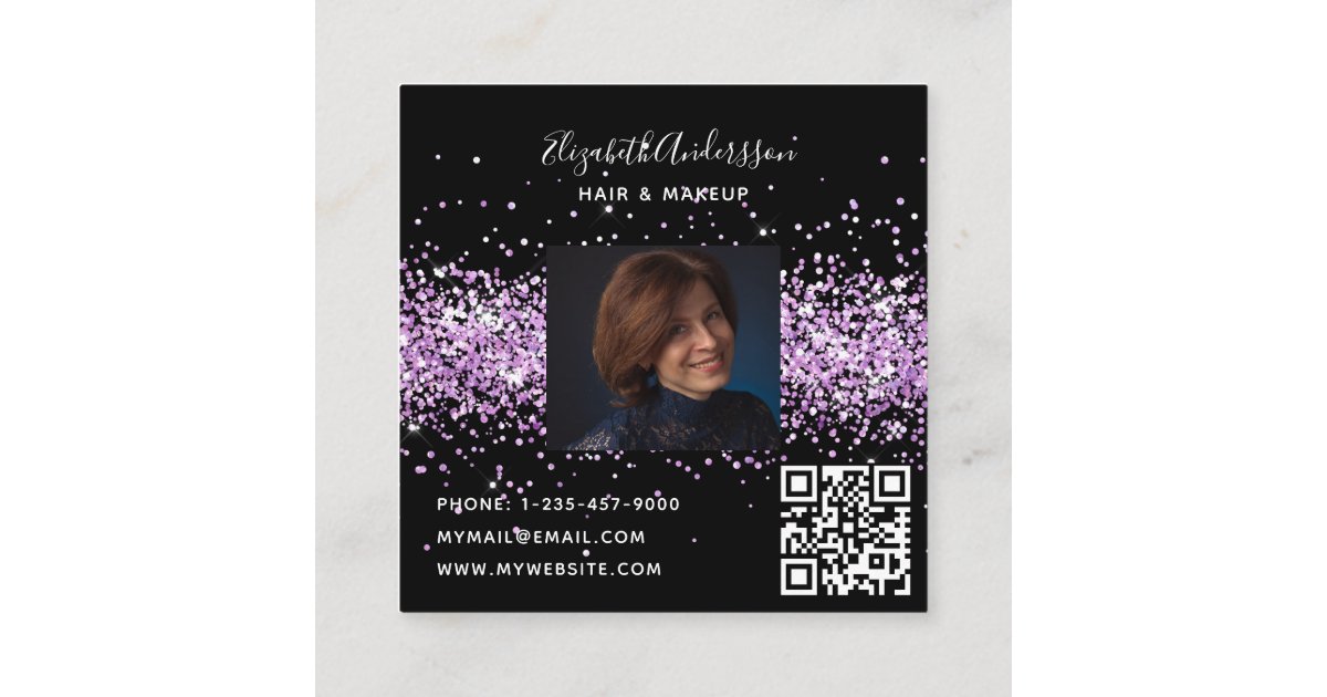 Black purple violet profile photo qr code square business card | Zazzle