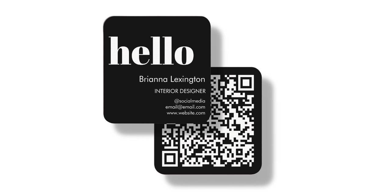 Black | QR Code Social Media Hello Square Business Card | Zazzle