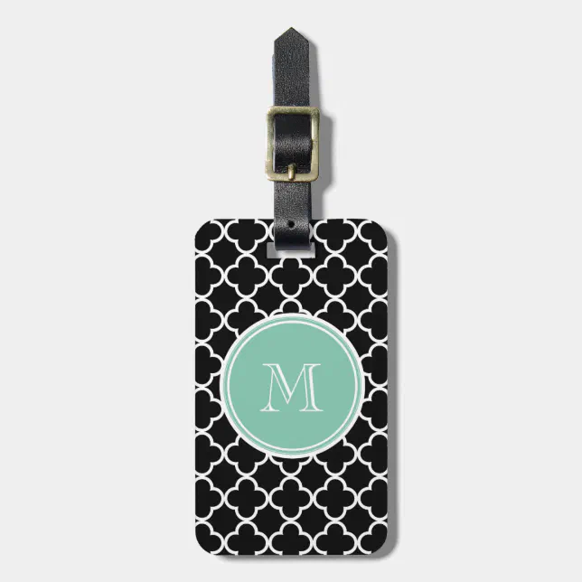 Black Quatrefoil Pattern, Mint Green Monogram Luggage Tag | Zazzle