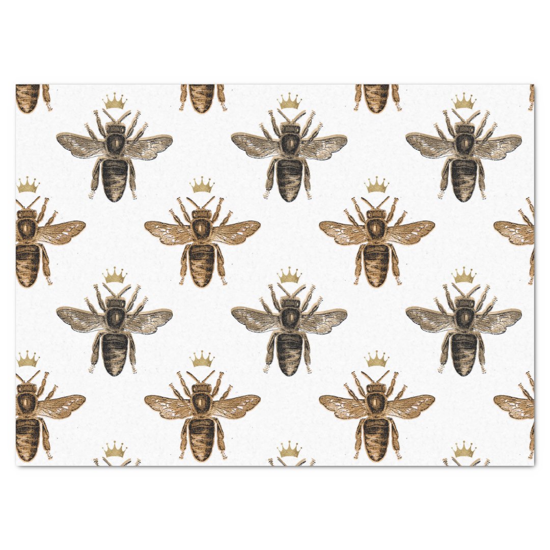 Black Queen Bees on White Decoupage Tissue Paper | Zazzle