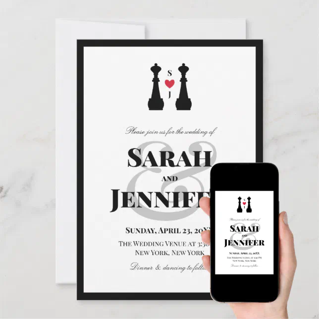 Black Queen Chess Pieces Lesbian Wedding Invitation | Zazzle