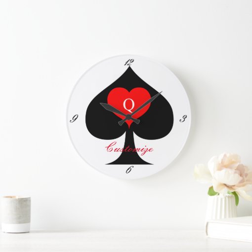 Black Queen of Spades Red Heart Thunder_Cove Large Clock | Zazzle