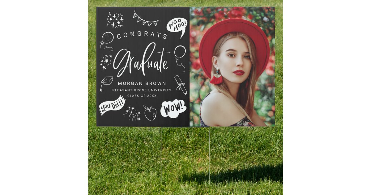 Black Quirky Doodle Congrats Graduate Photo Sign | Zazzle
