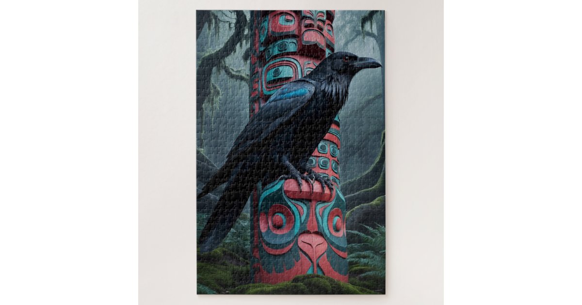 Black Raven and Totem Pole Wildlife Art Jigsaw Puzzle | Zazzle