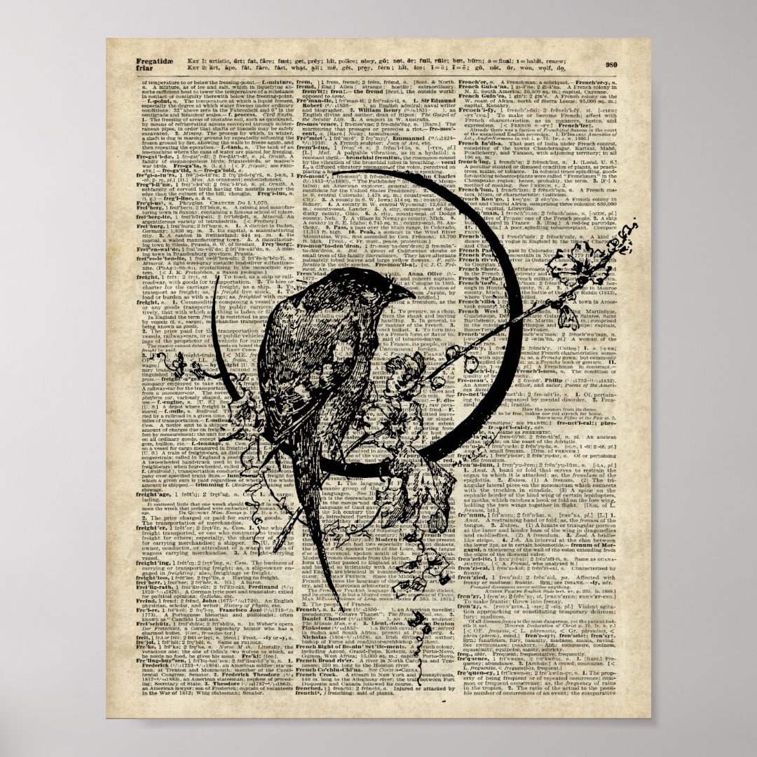 Black Raven Bird stencil over old dictionary page Poster | Zazzle
