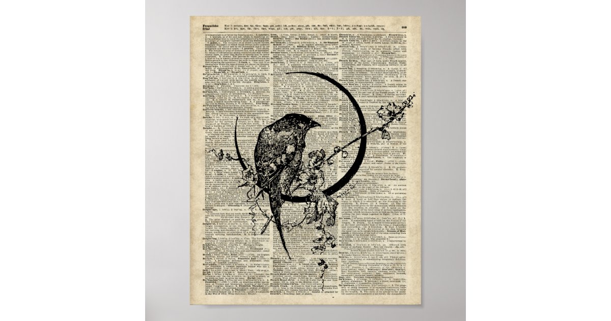 Black Raven Bird stencil over old dictionary page Poster | Zazzle