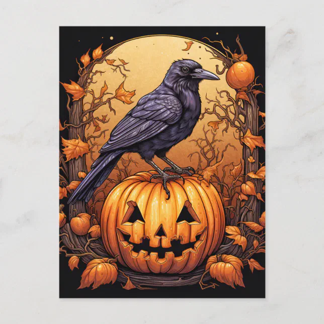 Black Raven Happy Halloween Postcard | Zazzle