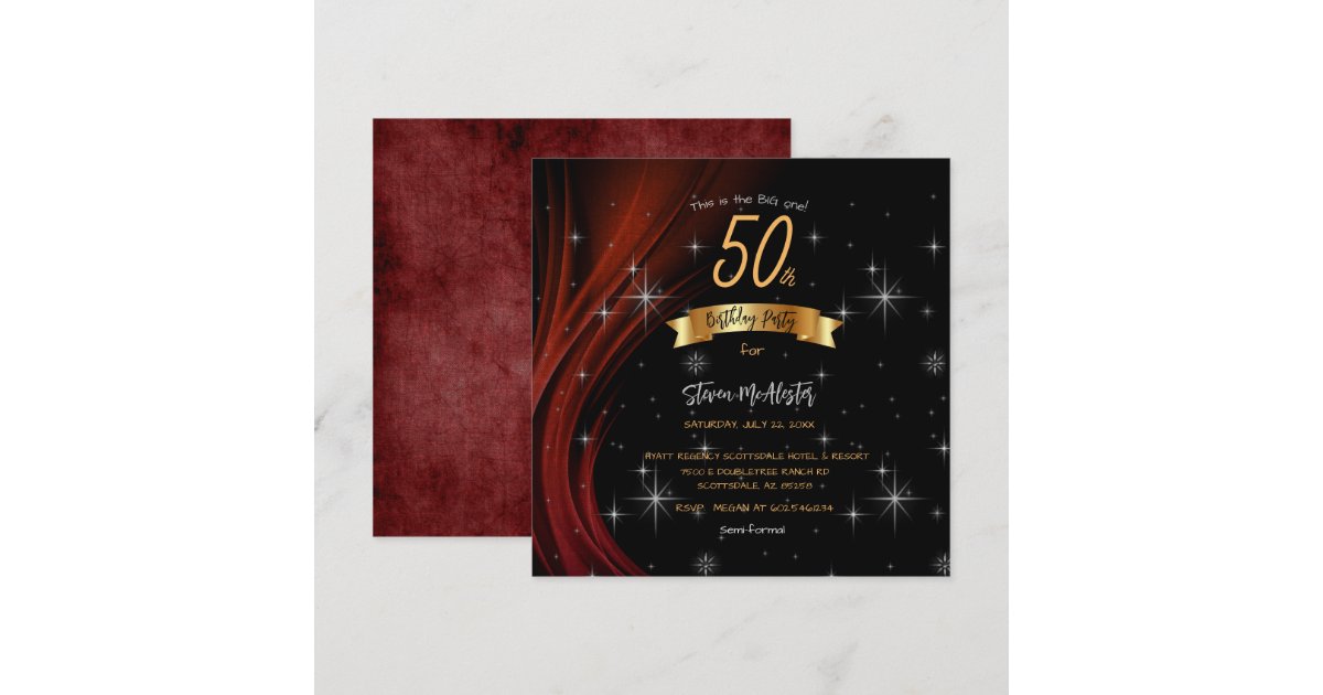 Black & Red 50th Birthday Party Gold Font Invitation | Zazzle