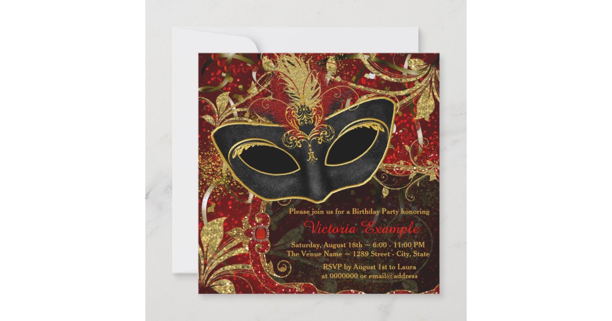 Black Red and Gold Masquerade Party Invitation | Zazzle
