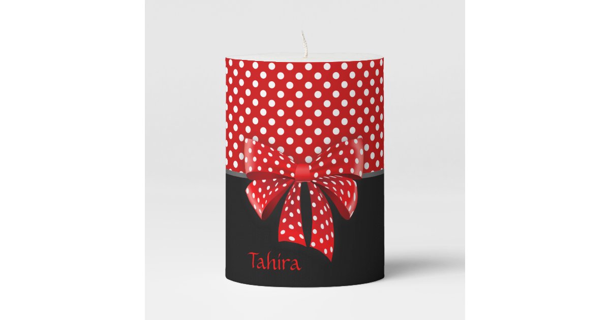 Black, Red and White Polka Dots Ribbon Pillar Candle | Zazzle