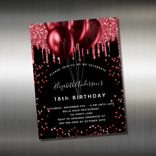 Black red balloons birthday invitation magnet | Zazzle