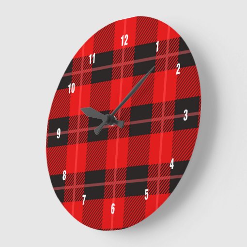 Black & Red Buffalo Plaid Pattern Large Clock | Zazzle