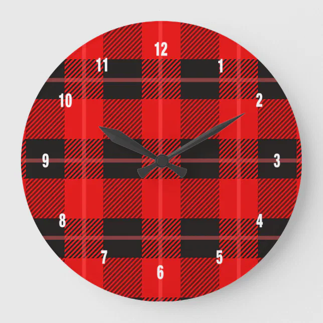 Black & Red Buffalo Plaid Pattern Large Clock | Zazzle