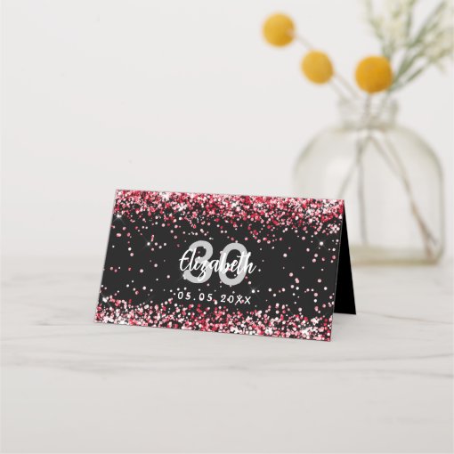 Black red confetti birthday party place card | Zazzle