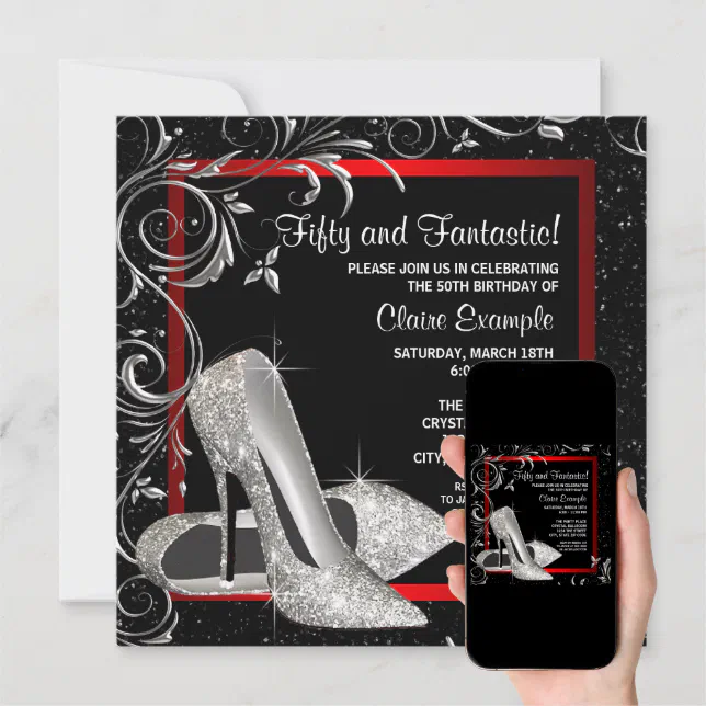 Black Red Glitter High Heels Womans Birthday Invitation | Zazzle