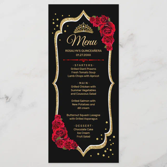 Black Red Gold Quinceanera Menu | Zazzle