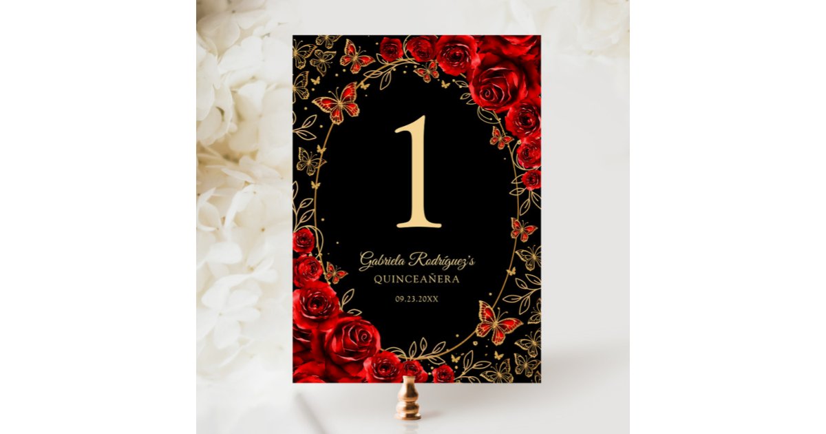 Black Red Gold Quinceanera Table Number | Zazzle