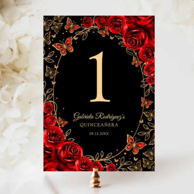 Black Red Gold Quinceanera Table Number | Zazzle