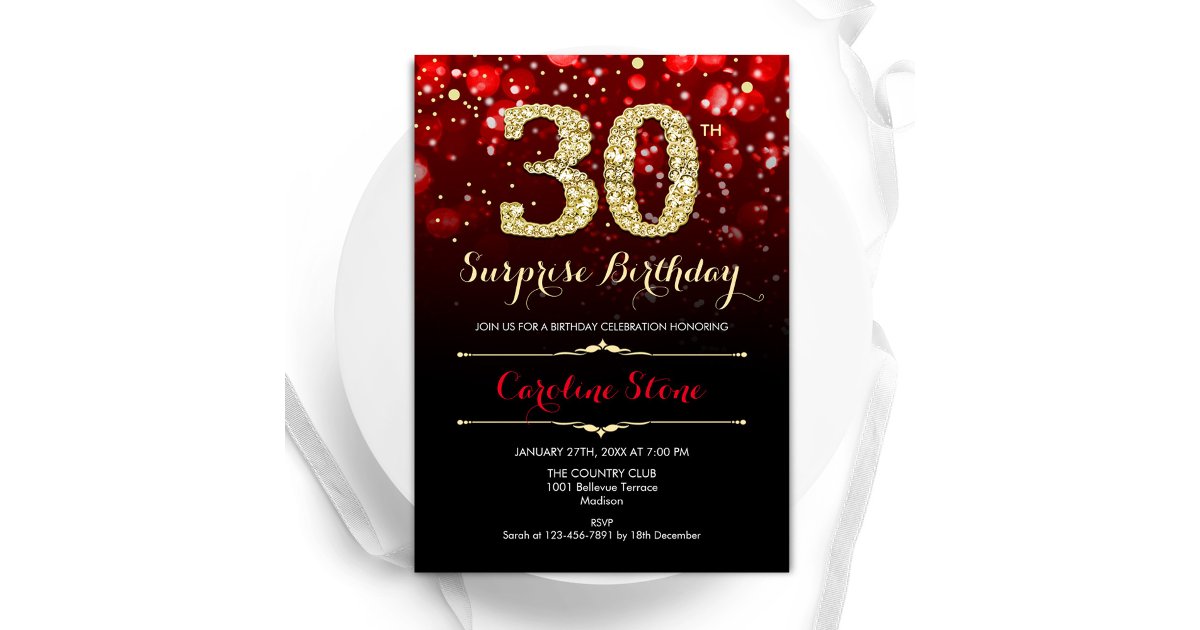 Black Red Gold Surprise 30th Birthday Invitation Zazzle