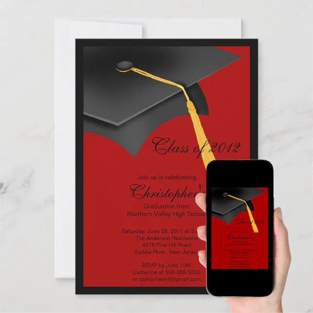 Black Red Grad Cap Graduation Party Invitation | Zazzle