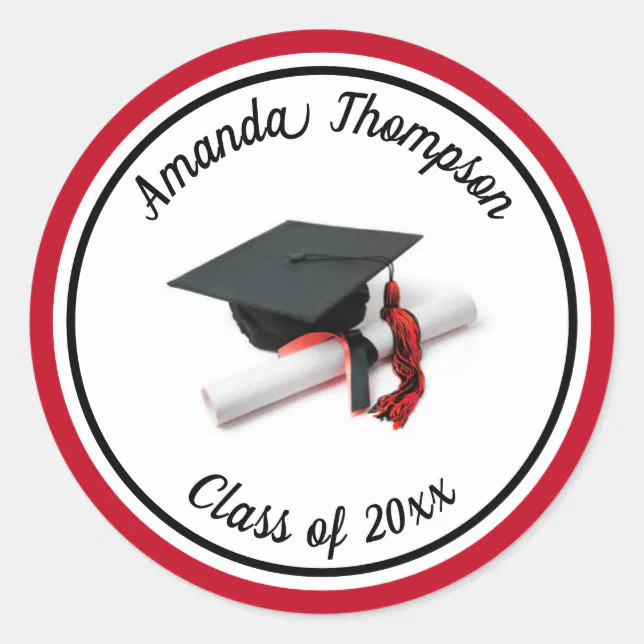 Black Red Graduation Cap and Tassel Classic Round Sticker | Zazzle