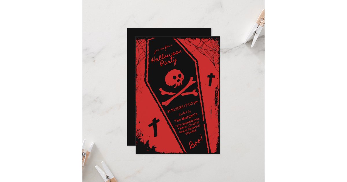 Black & Red Hand Drawn Coffin Halloween Party Invitation | Zazzle