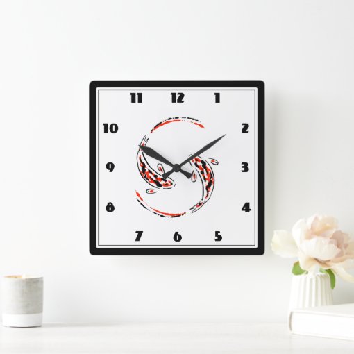 Black & Red Japanese Koi Fish Artistic Square Wall Clock | Zazzle
