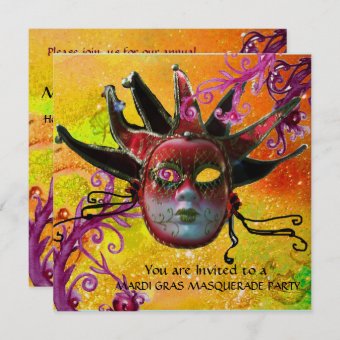 BLACK RED JESTER MASK ,Masquerade Party Champagne Invitation | Zazzle