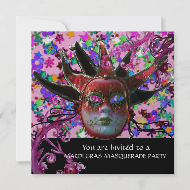 BLACK RED JESTER MASK ,Masquerade Party Silver Invitation | Zazzle