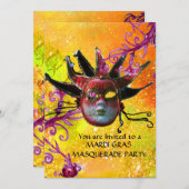 BLACK RED JESTER MASK ,Masquerade Party Yellow Invitation | Zazzle