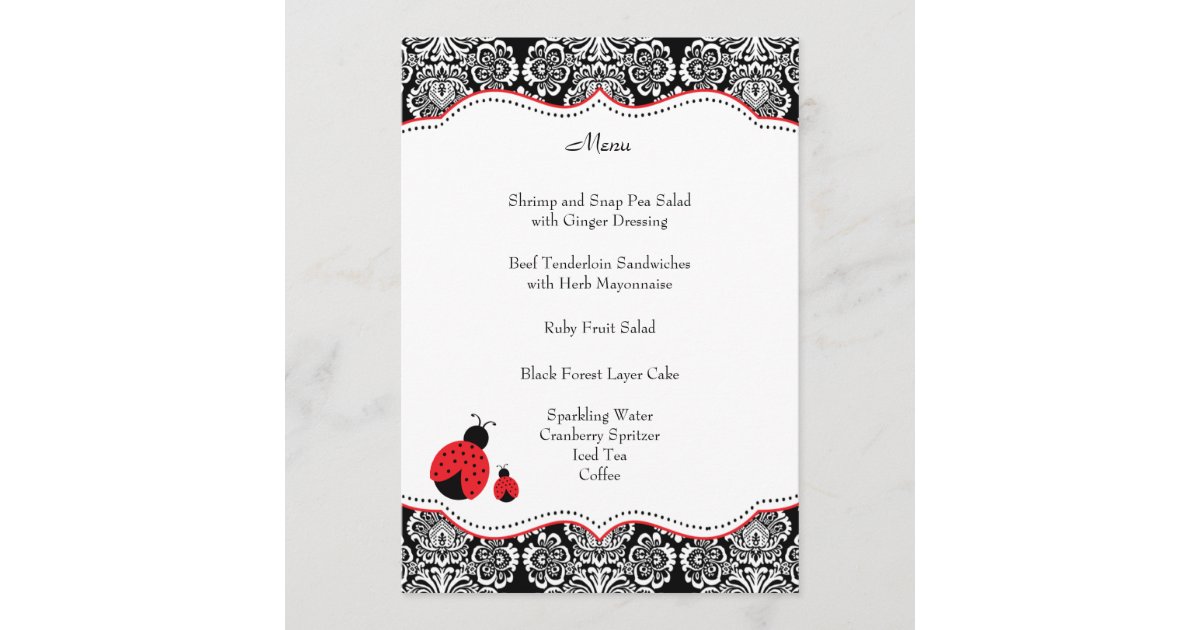 Black Red Ladybug Damask Baby Shower Menu | Zazzle