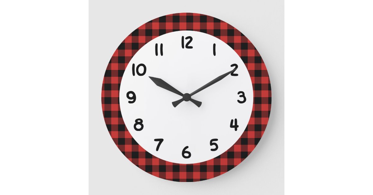 Black Red Lumberjack Buffalo Plaid Large Clock | Zazzle