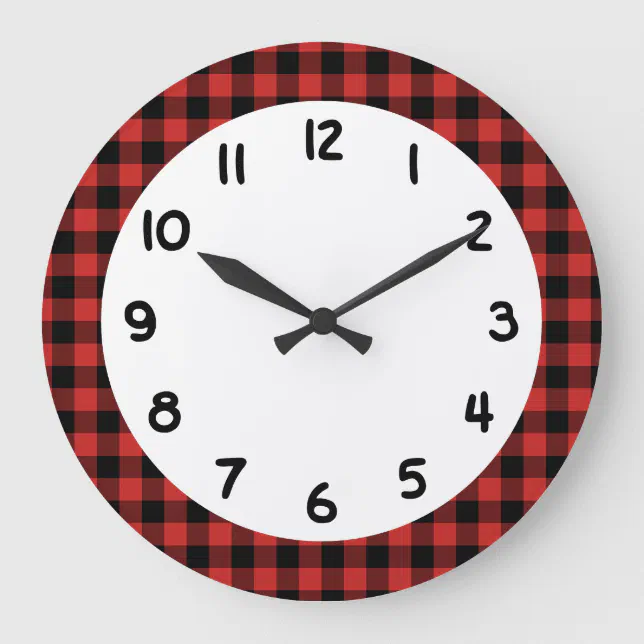 Black Red Lumberjack Buffalo Plaid Large Clock | Zazzle
