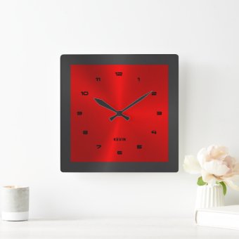 Black & Red & Metallic Stainless Steel Square W Square Wall Clock | Zazzle