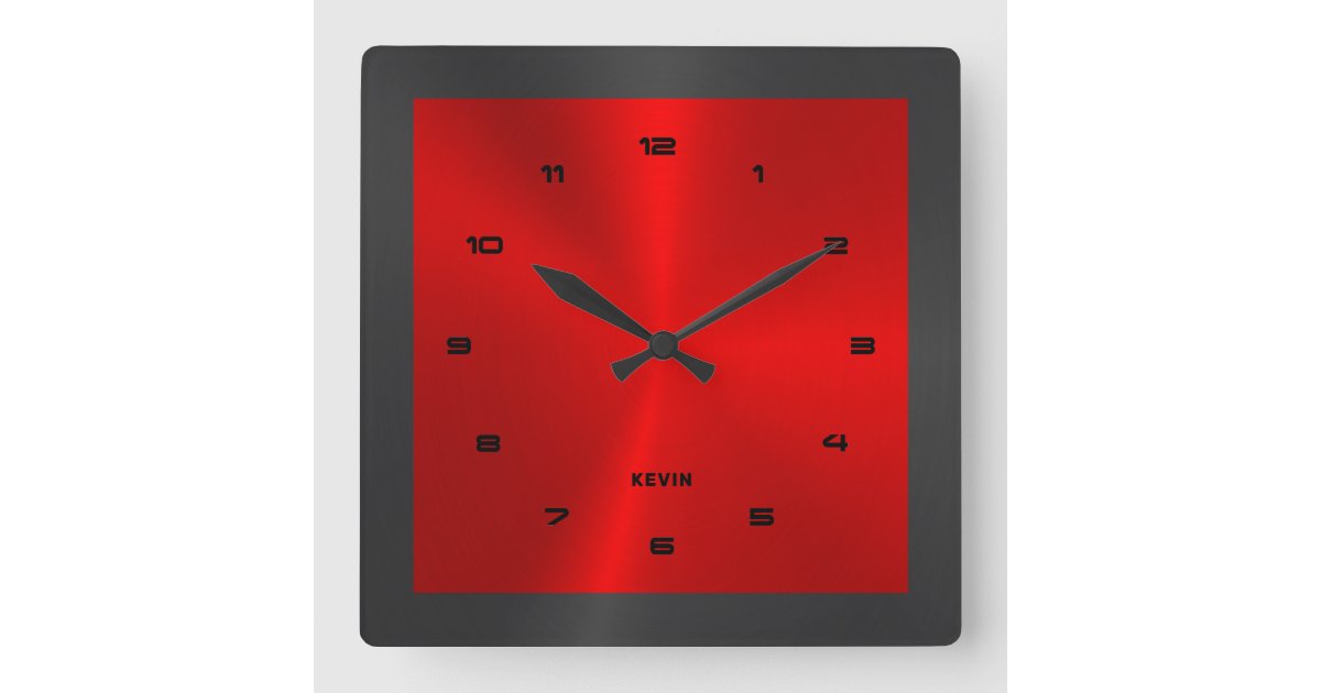 Black & Red & Metallic Stainless Steel Square W Square Wall Clock | Zazzle