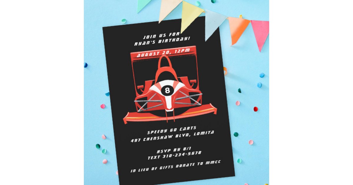 Black Red Race Car Birthday Party Invitation | Zazzle