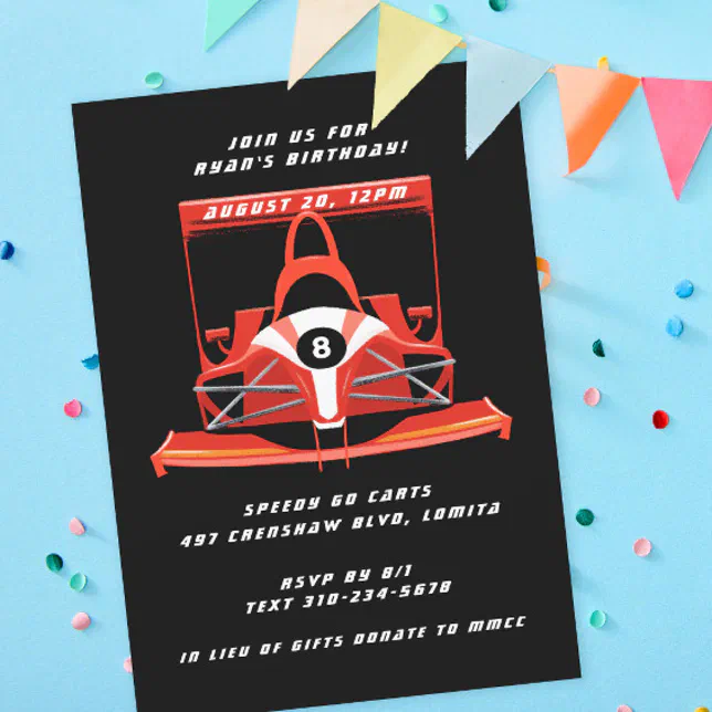 Black Red Race Car Birthday Party Invitation | Zazzle