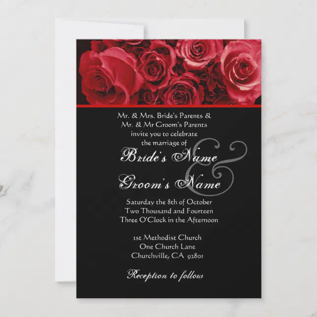 Black Red Rose Bouquet Wedding Metallic Paper Invitation | Zazzle