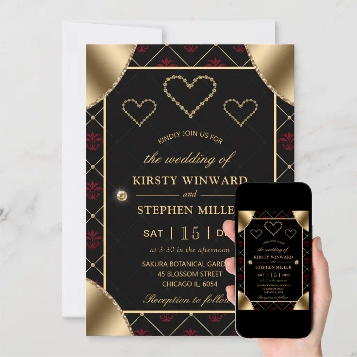 Black & Red Rose Pattern & Gold Diamonds Wedding Invitation | Zazzle