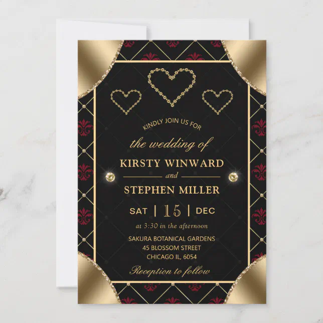 Black & Red Rose Pattern & Gold Diamonds Wedding Invitation | Zazzle