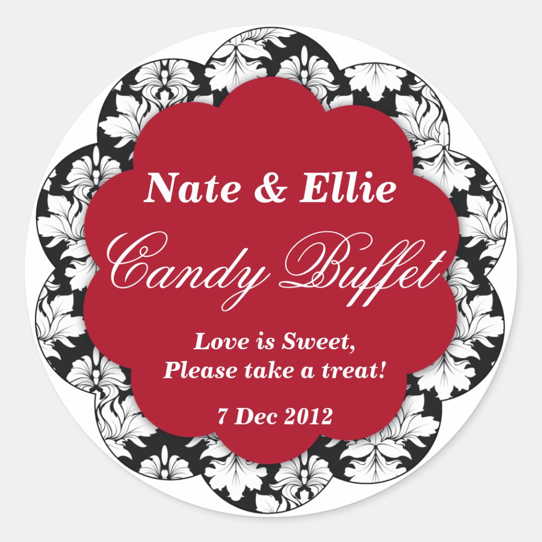 Black & red Scallop Damask Candy Buffet Sticker | Zazzle