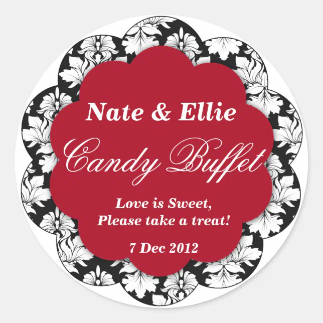 Black & red Scallop Damask Candy Buffet Sticker | Zazzle