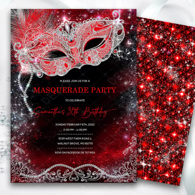 Black Red Silver Masquerade Invitation | Zazzle